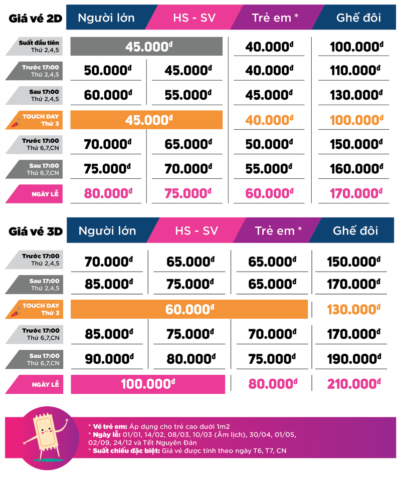 Touch Cinema - Lịch chiếu, Giá vé