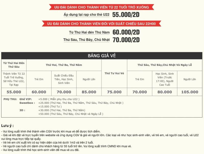 CGV Vincom Sky Lake - Lịch chiếu, Giá vé